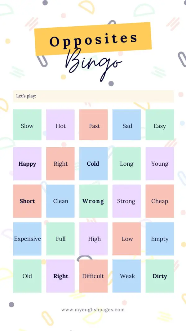 Free Bingo With Opposites: Opposites Bingo Game For ESL Lessons