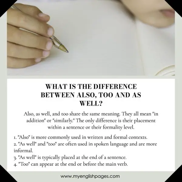 Explore The Difference Between Also Too And As Well (Easy Explanation ...
