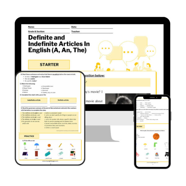 Definite And Indefinite Articles Worksheet PDF With Answers - My ...