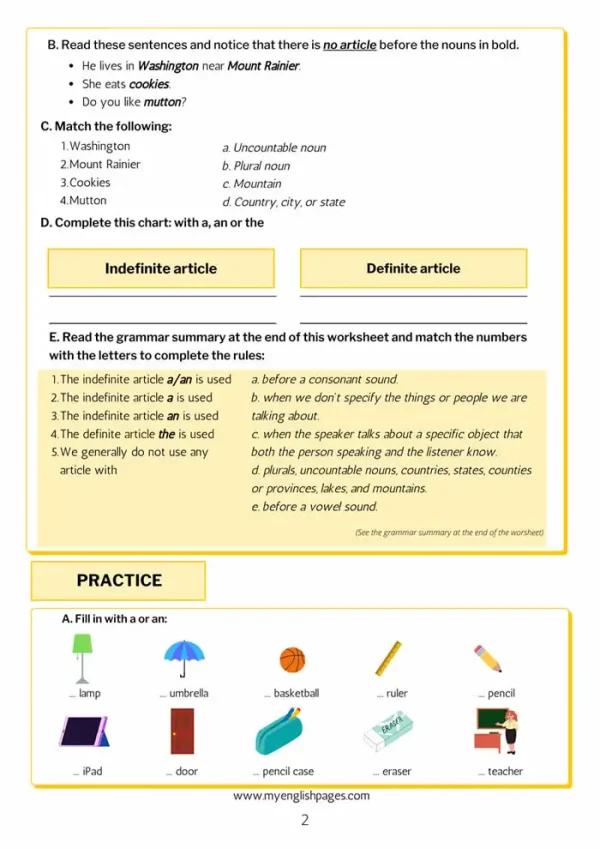Definite And Indefinite Articles Worksheet PDF With Answers - My ...