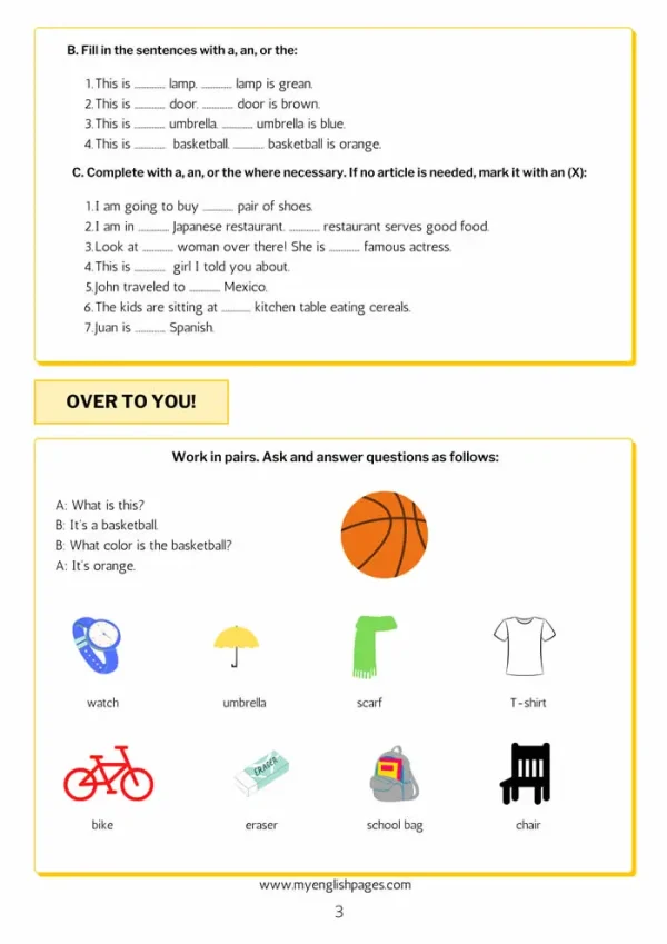 Definite And Indefinite Articles Worksheet PDF With Answers - My ...