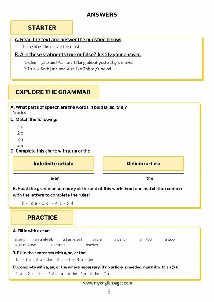Articles Exercises With Answers Pdf 24 Articles: Zero Article English