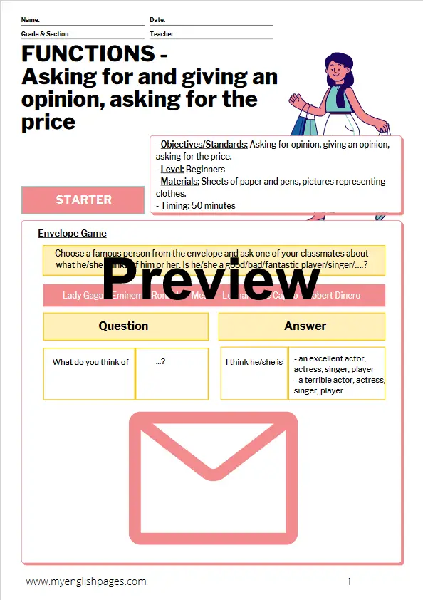 Shopping Worksheet: Asking For And Giving Opinion, Asking For Price ...