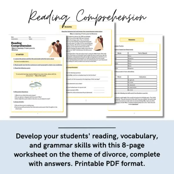 Reading Comprehension About Divorce: 8-Page Worksheet With Answers (PDF ...
