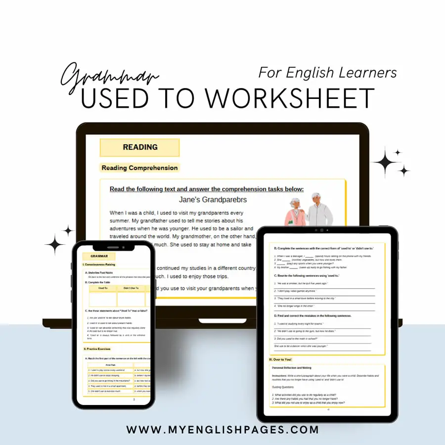 Used To Worksheet PDF – 9 Pages + Answers | English Grammar Practice