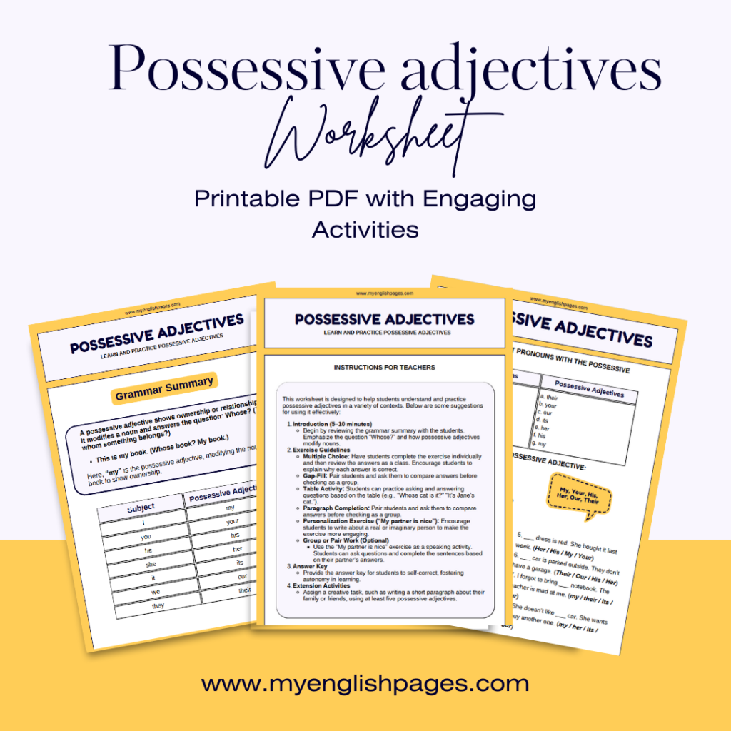 Possessive Adjectives Worksheet PDF - Grammar Practice & Exercises