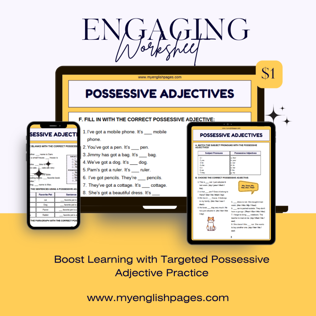 Possessive Adjectives Worksheet PDF - Grammar Practice & Exercises