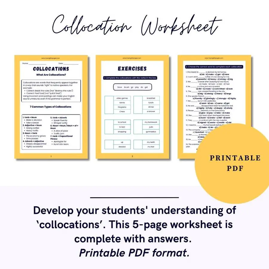 Collocation Worksheet With Answers - PDF Download For ESL/EFL Learners - My English Pages