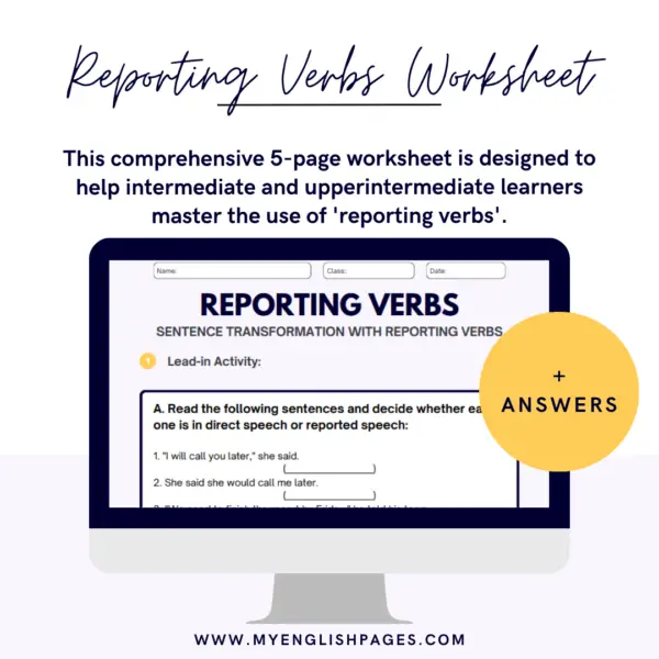 Reporting Verbs Worksheet For ESL Students – Direct & Reported Speech ...