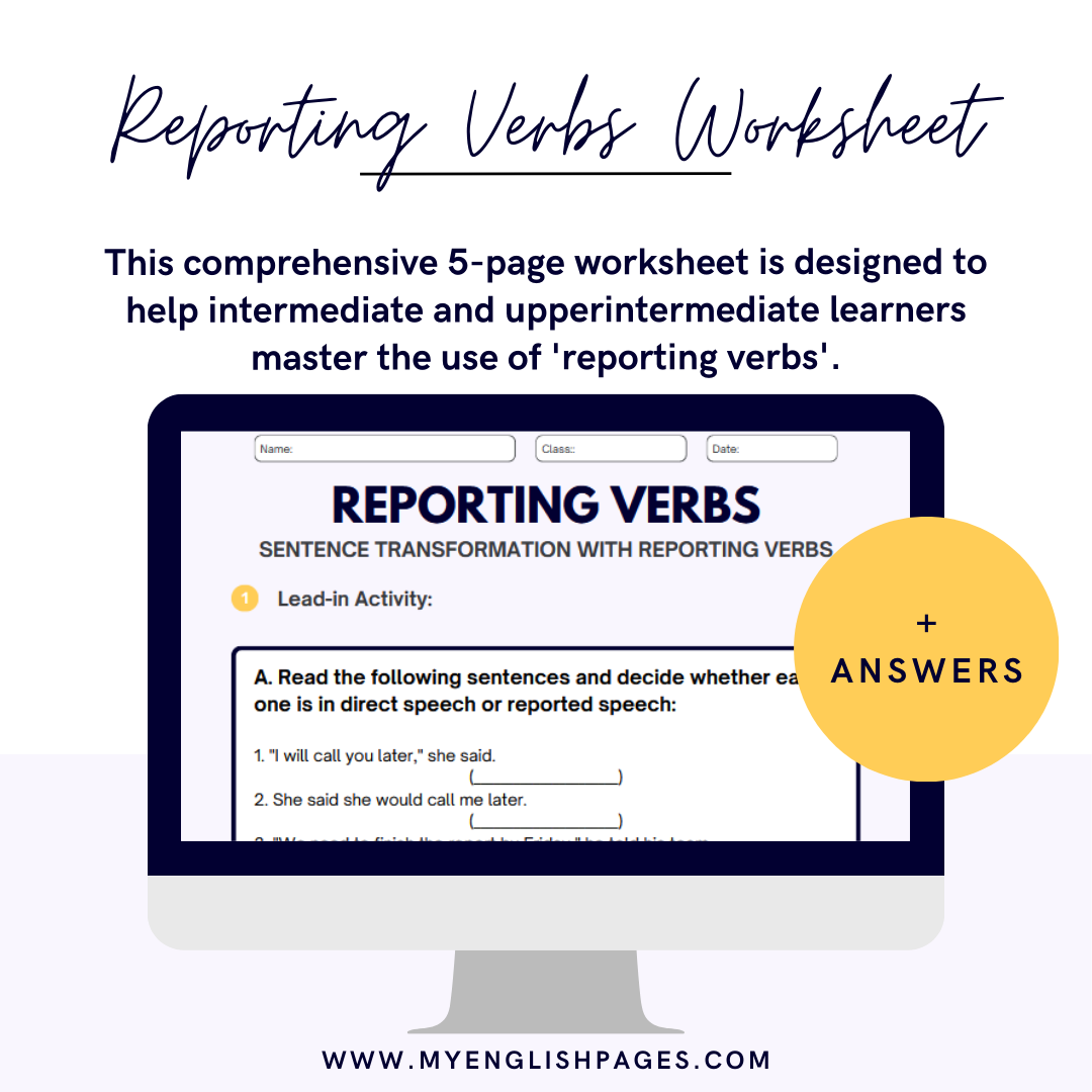 Reporting Verbs Worksheet For ESL Students – Direct & Reported Speech Practice (PDF)