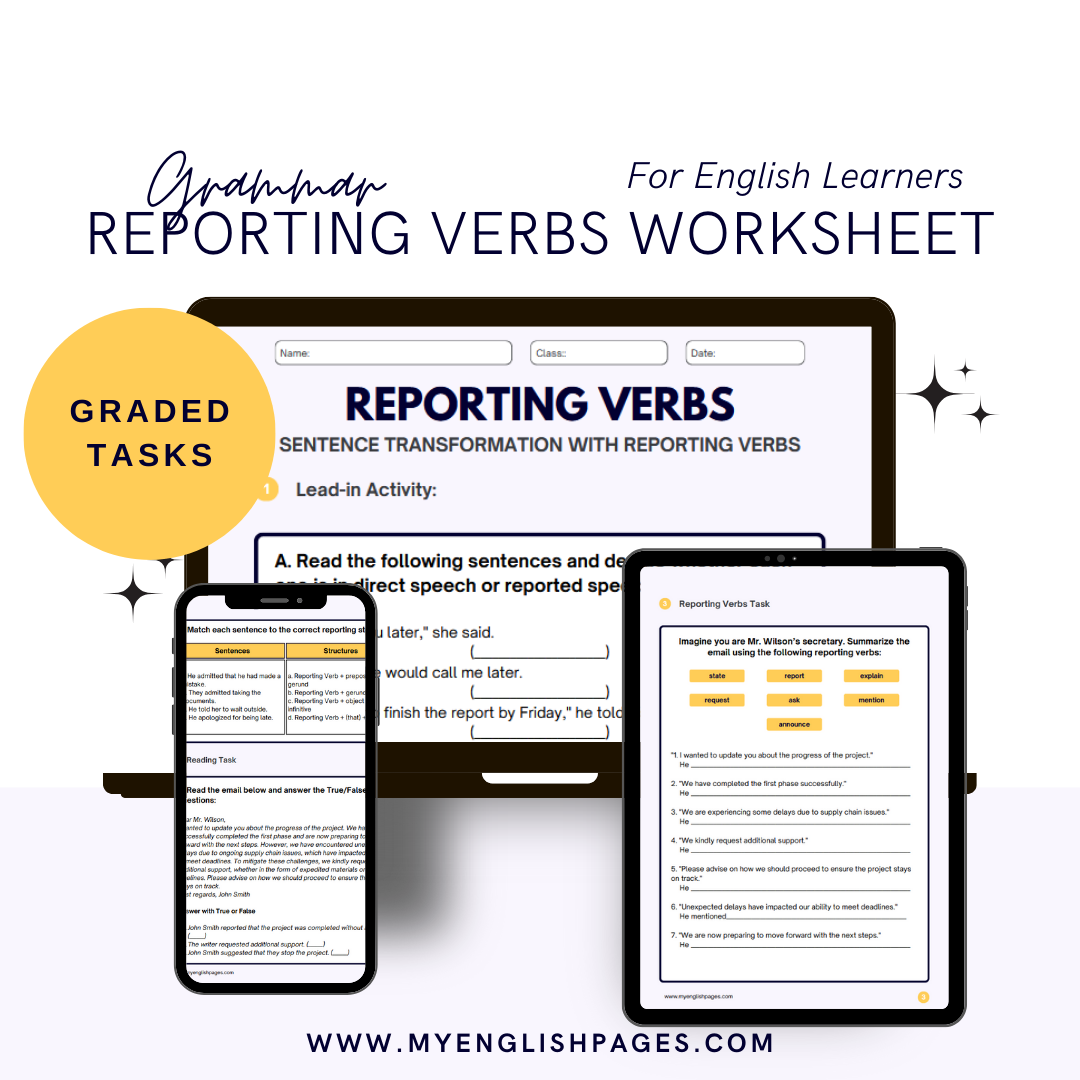 Reporting Verbs Worksheet For ESL Students – Direct & Reported Speech ...