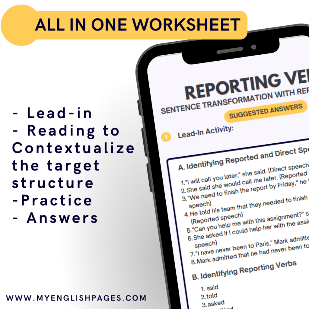 Reporting Verbs Worksheet For ESL Students – Direct & Reported Speech Practice (PDF)
