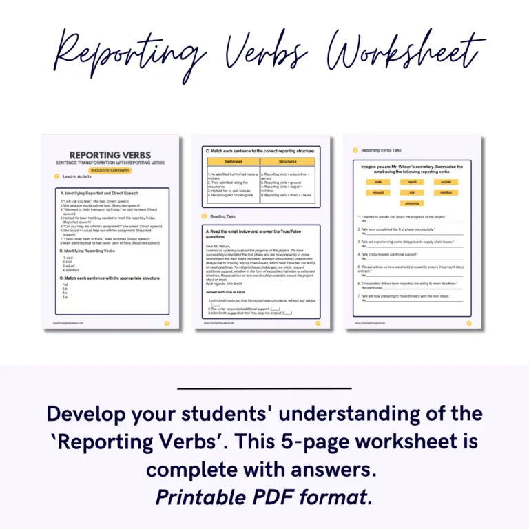 Reporting Verbs Worksheet For ESL Students – Direct & Reported Speech Practice (PDF)