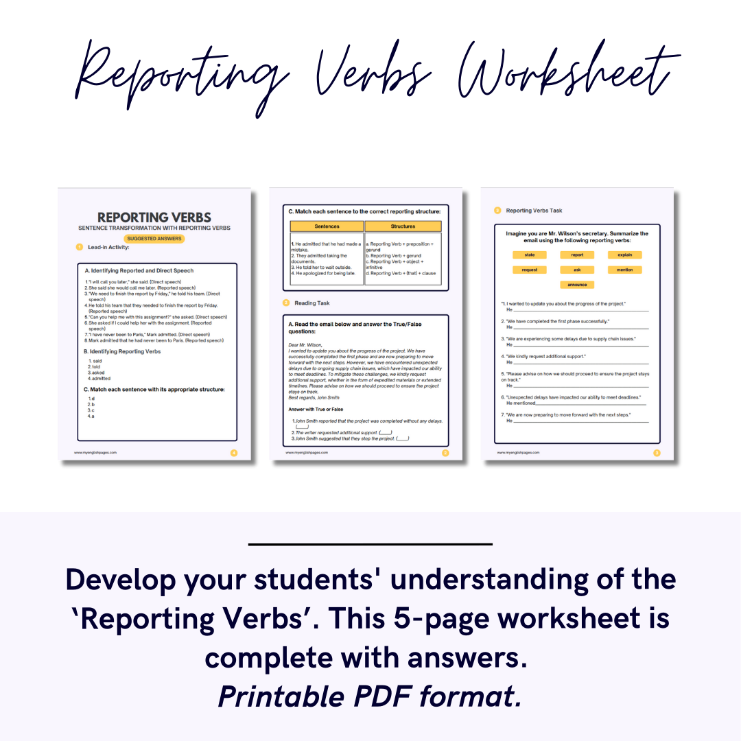 Reporting Verbs Worksheet For ESL Students – Direct & Reported Speech ...