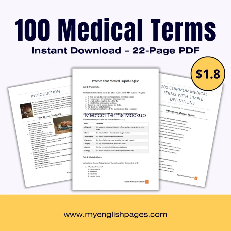 100 Common Medical Terms For ESL Students – PDF Guide With Quizzes
